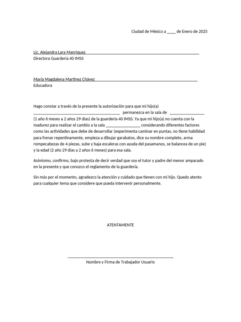 Autorización de permanencia en guardería IMSS | PDF