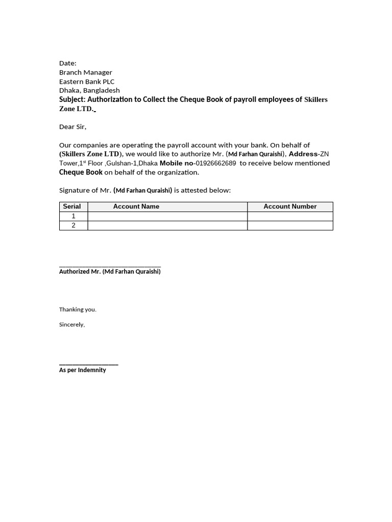 Authoraization Format For Collecting Cheque Book | PDF
