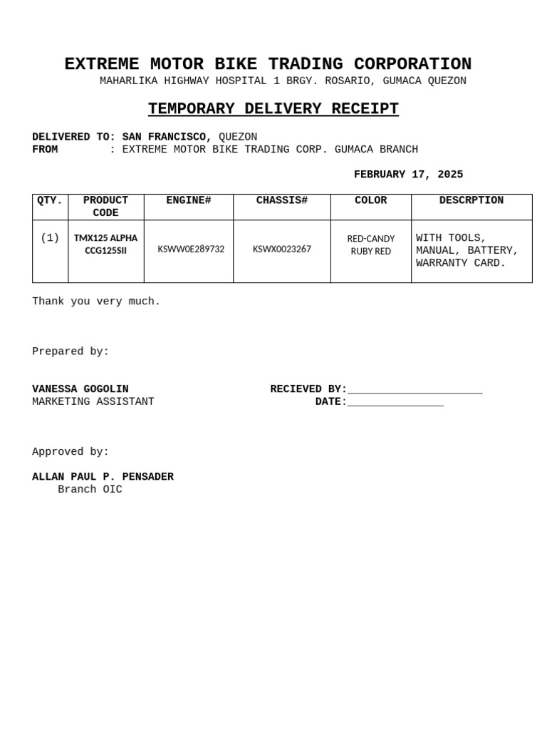 Delivery Receipt for Honda CCG125SII | PDF