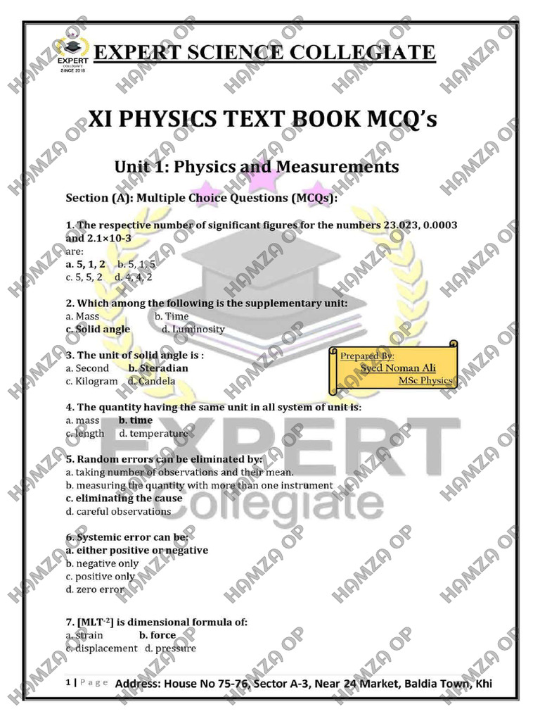 Xi - Physics Solved Mcqs - Hamza Op | PDF