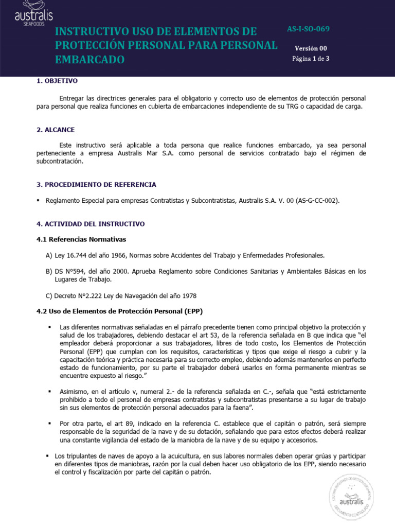 69. AS-I-SO-069 INSTRUCTIVO USO DE ELEMENTOS DE PROTECCIÓN PERSONAL PARA PERSONAL EMBARCADO | PDF
