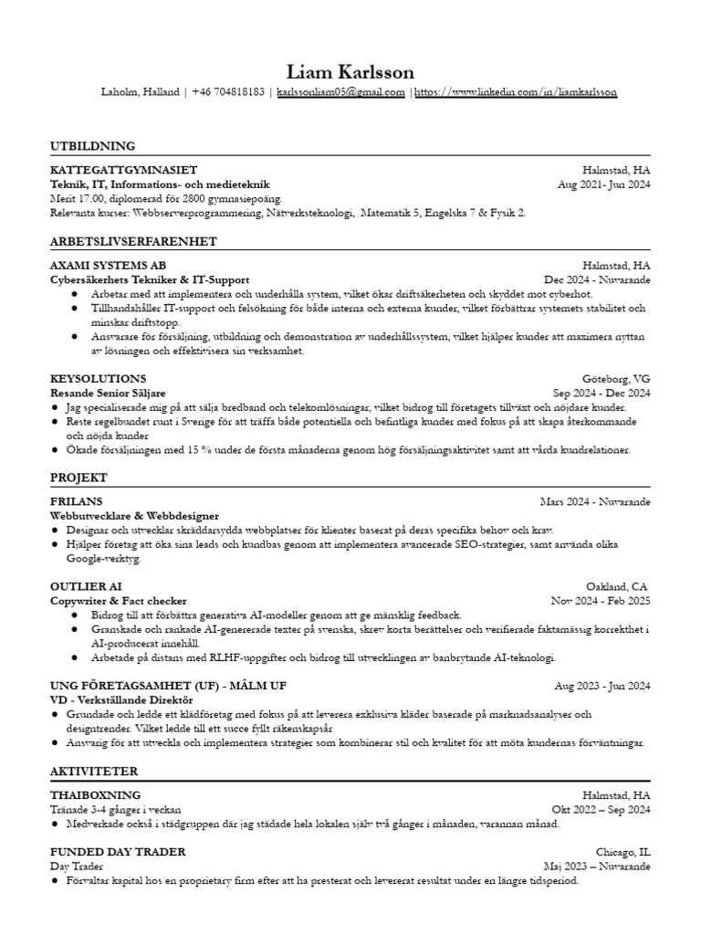 Liam Karlsson CV | PDF