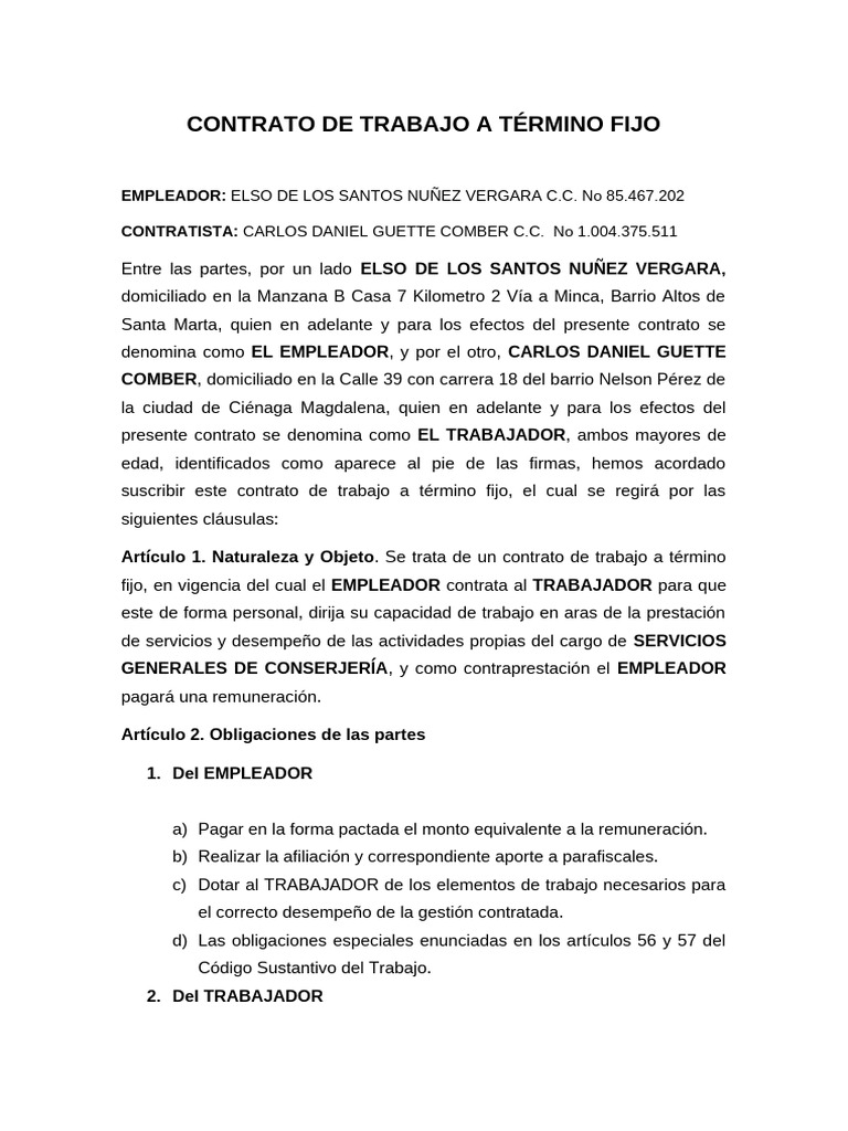 Contrato de Trabajo Carlos Daniel Guette Comber | PDF | Salario