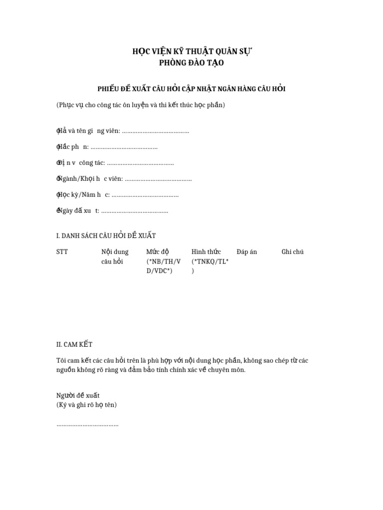 Phieu de Xuat Cau Hoi Giang Vien | PDF
