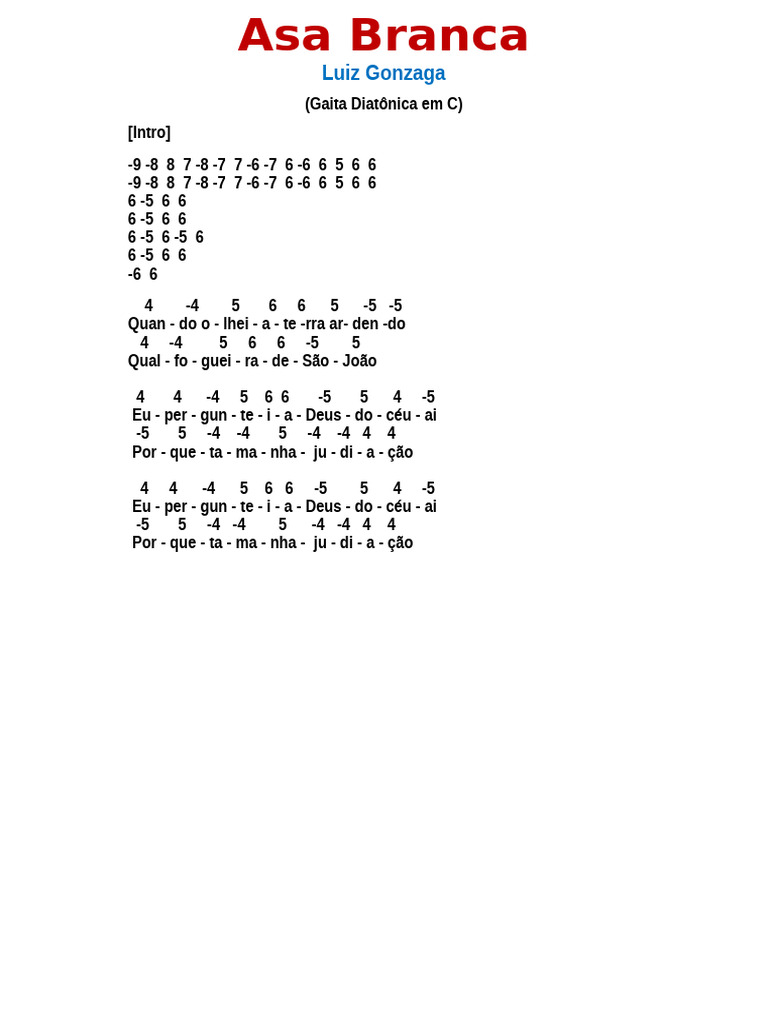 Asa Branca: Partitura para Gaita C | PDF