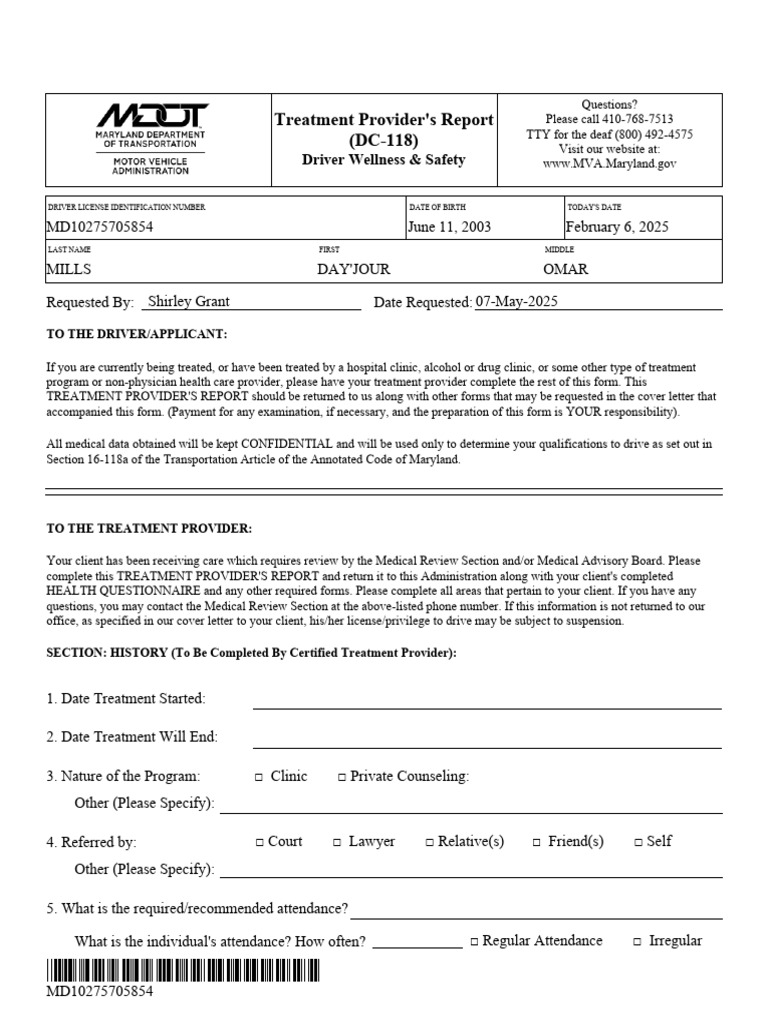 Maryland Driver Treatment Report Form | PDF | Health Care | Medicine