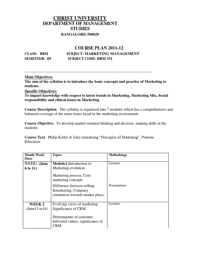 Marketing Course Plan | PDF | Market Segmentation | Marketing