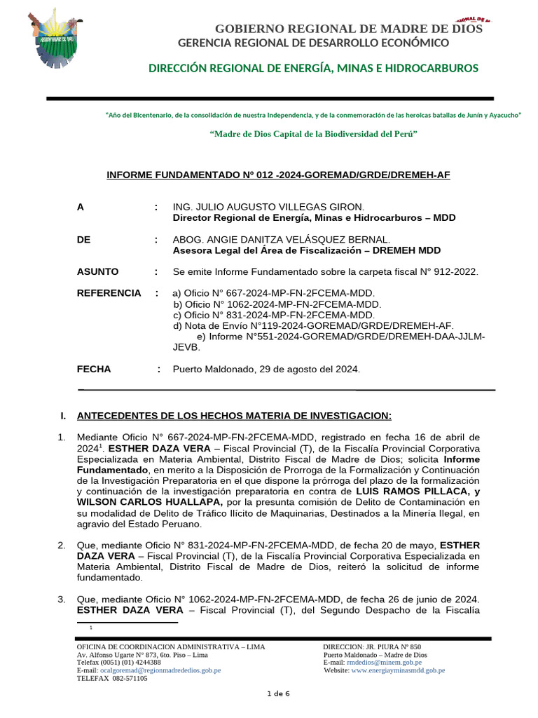INFORME FUNDAMENTADO N°012-2024 RAML Oficio #1062-2024 | PDF | Perú | Minería