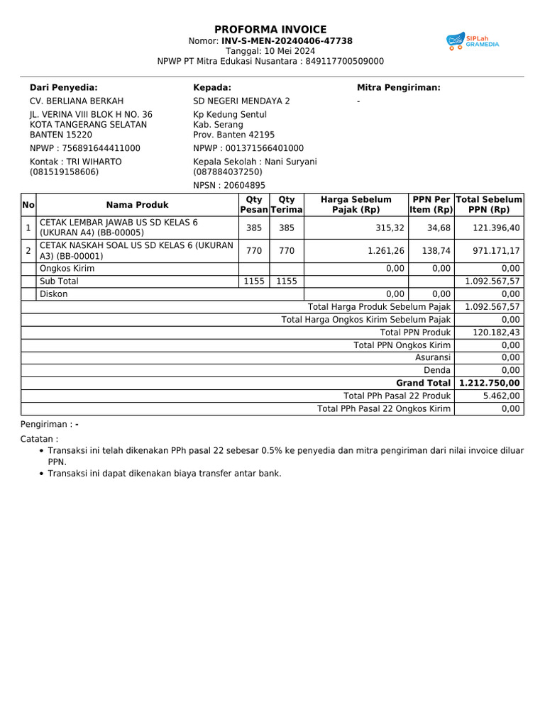 Proforma Invoice Nomor Inv S Men 20240406 47738 | PDF