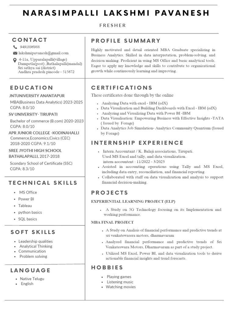 N. Lakshmi Pavanesh Resume | PDF | Data | Analytics