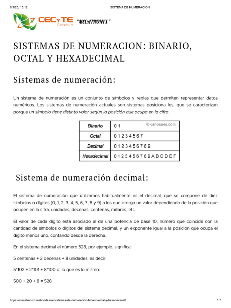 Sistemas de Numeración: Binario, Octal y Hexadecimal | PDF | Decimal | Lexicología