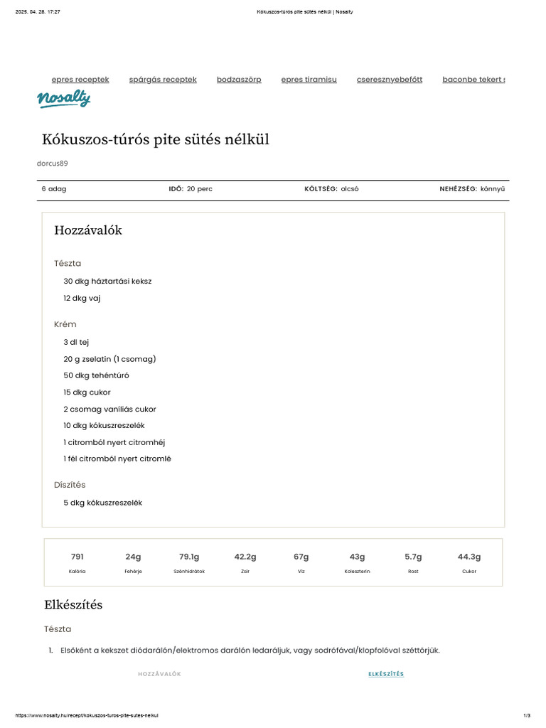 Kókuszos-túrós pite sütés nélkül _ Nosalty | PDF