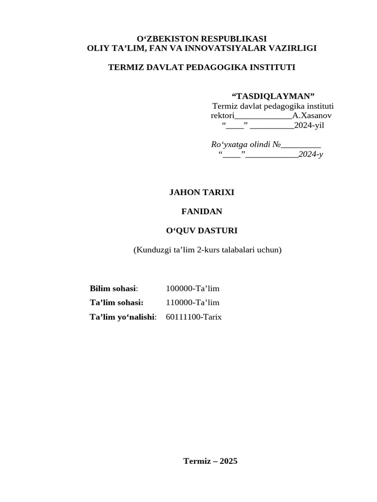 O'Quv Dastur 2-Kurs Jahon Tarixi 2025 | PDF