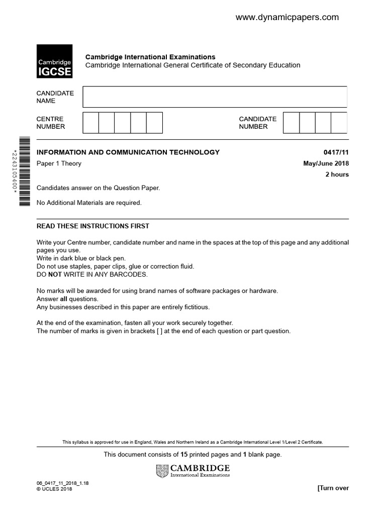 ICT Theory Exam Paper 2018 | PDF | Input/Output | Spreadsheet