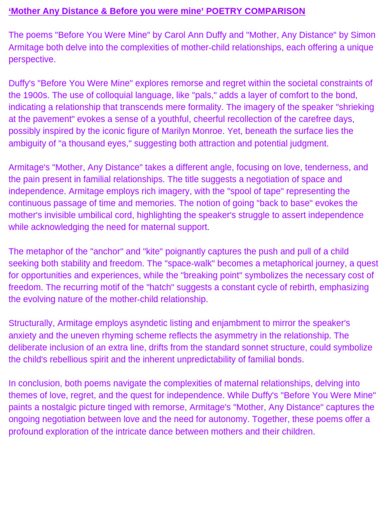Mother Any Distance & Before You Were Mine' POETRY COMPARISON | PDF ...