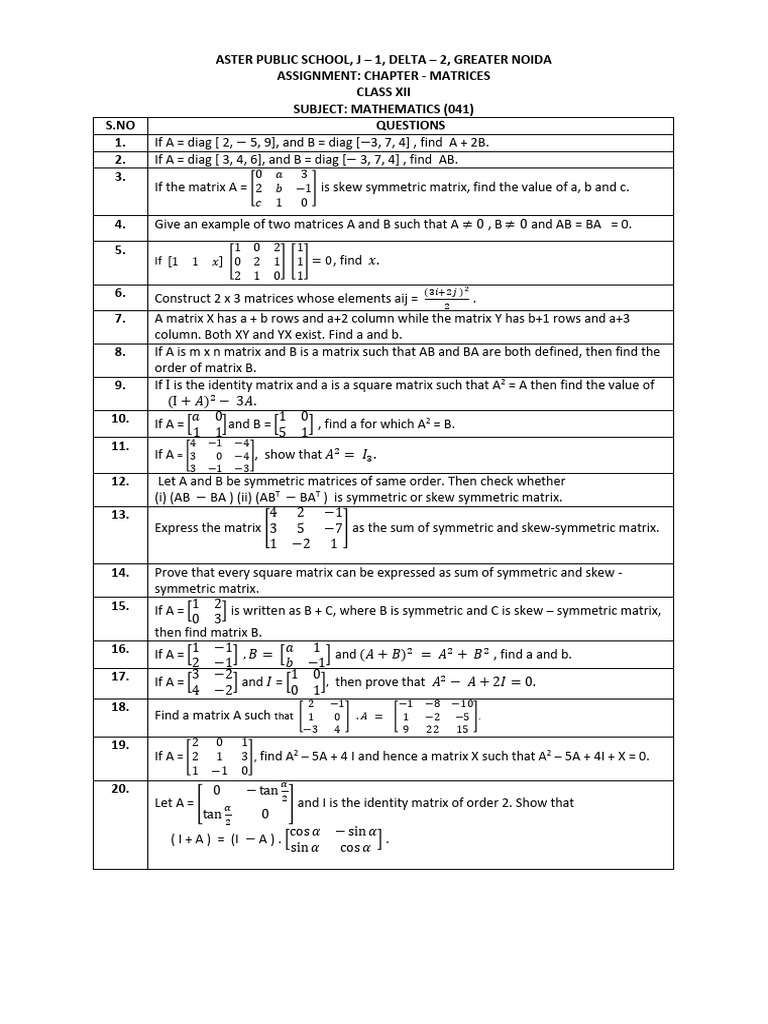 Ass Matrices Class 12 2526 | PDF | Matrix (Mathematics) | Mathematical Objects