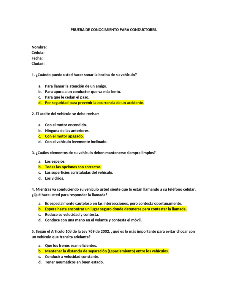 Prueba De Conocimiento Para Conductores Pdf Vehículos