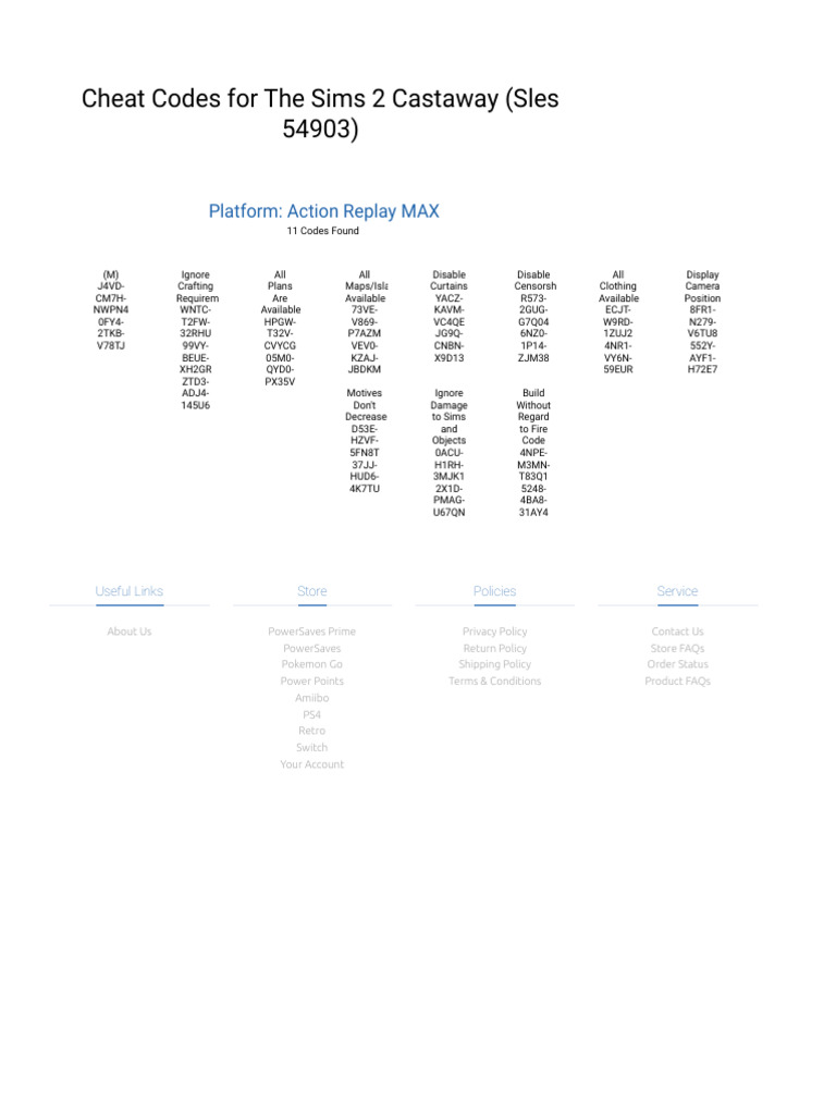 Cheat Codes for The Sims 2 Castaway (Sles 54903) on Action Replay MAX ...