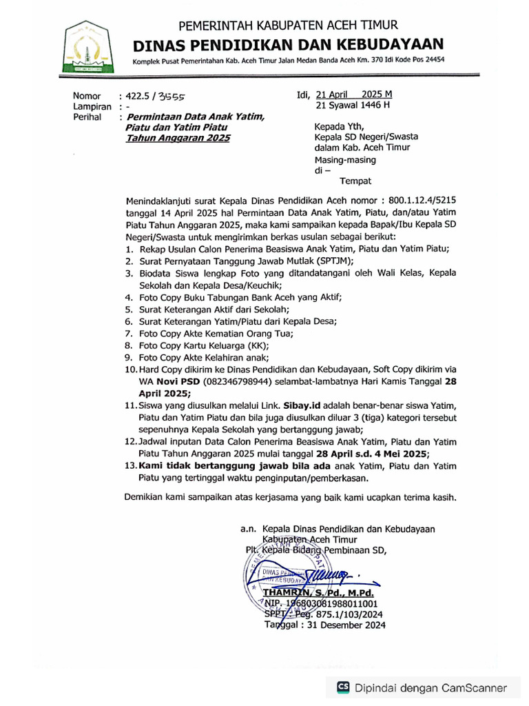 Surat Permintaan Data Anak Yatim, piatu dan yatim piatu Tahun 2025 (1) | PDF