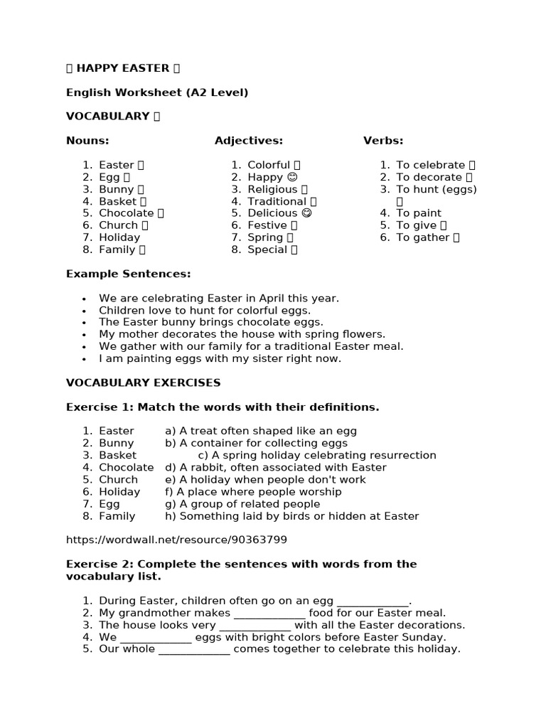 A2 Easter Vocabulary and Exercises | PDF | Easter