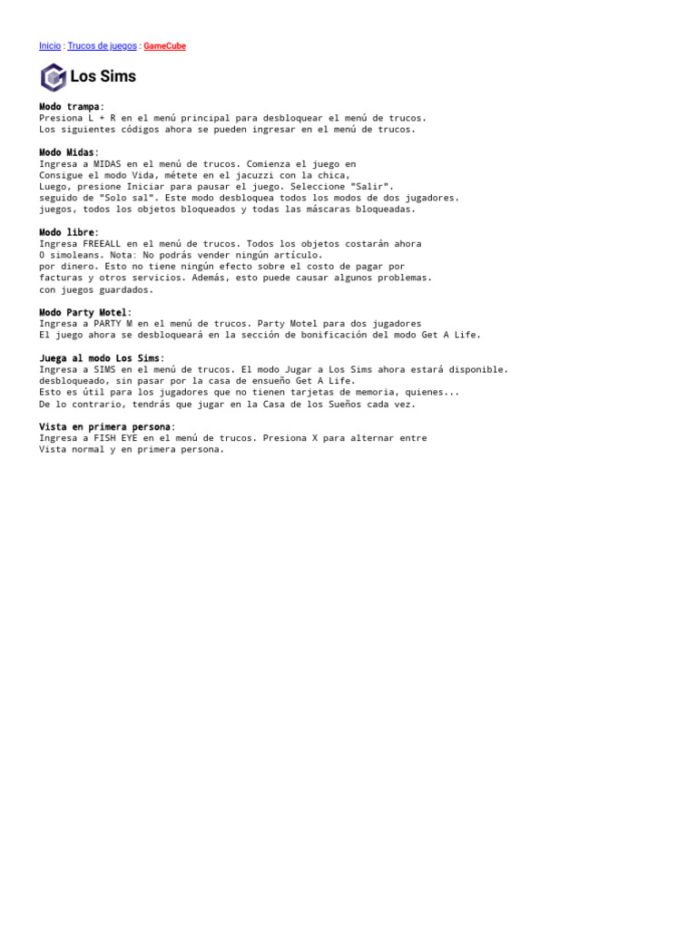 Trucos para GameCube - Los Sims | PDF