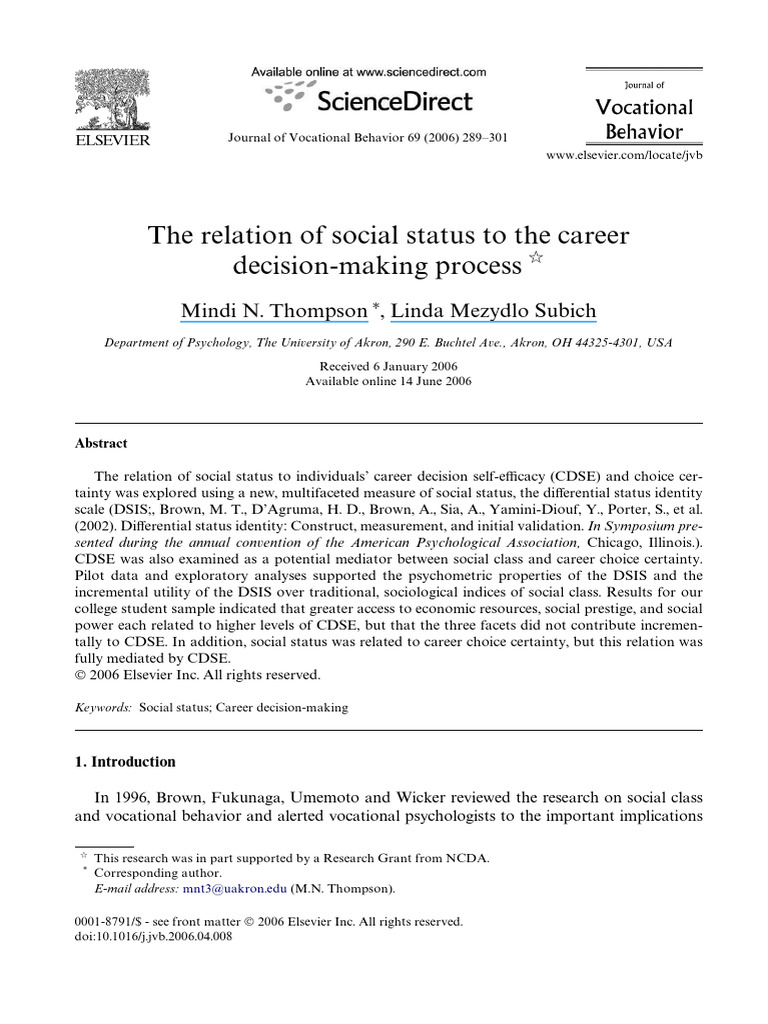 Social Status and Career Decision-Making | PDF | Socioeconomic Status ...