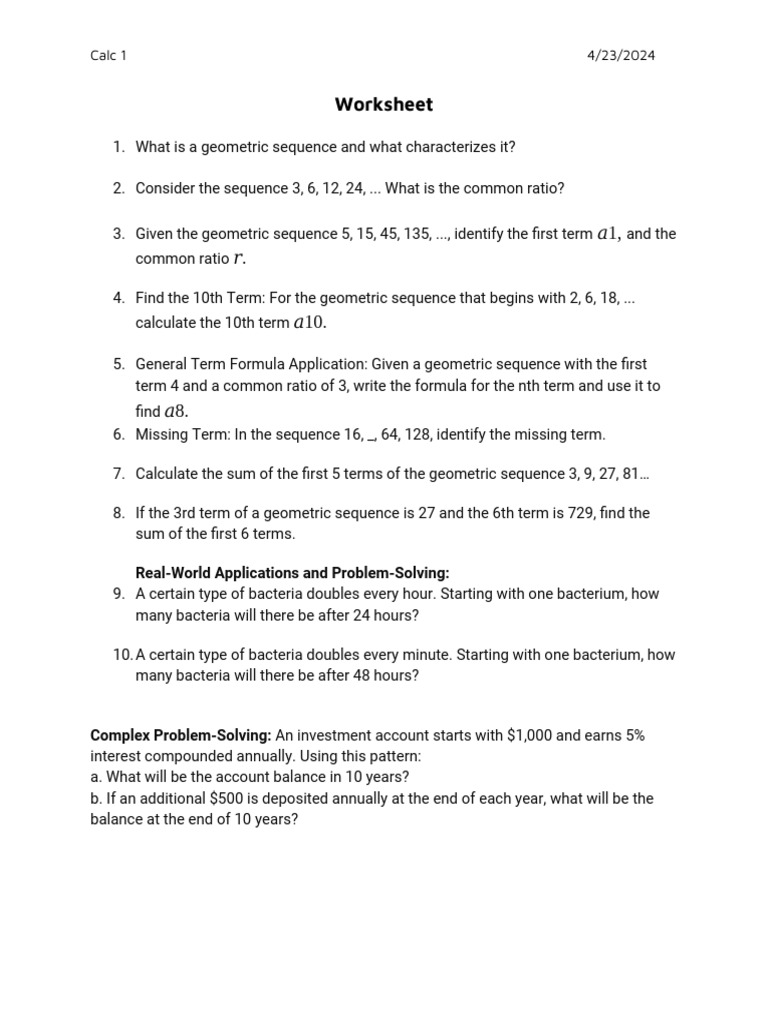 Geometric Sequence Worksheet | PDF