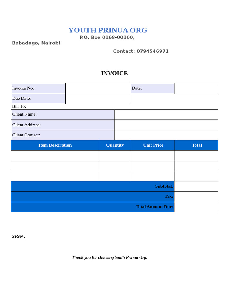 Youth Prinua Org Invoice Template | PDF