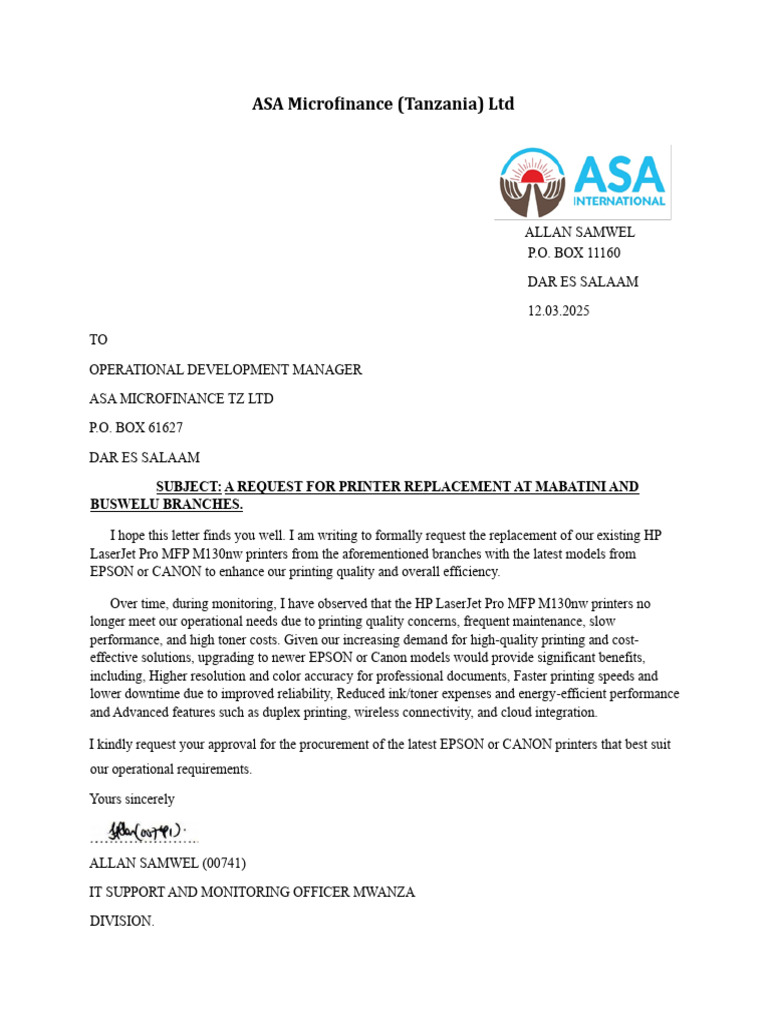 Printer Upgrade Request for ASA Microfinance | PDF