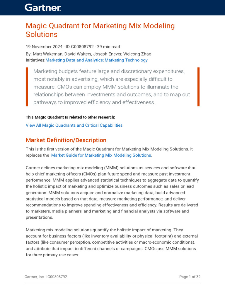 Gartner Magic Quadrant For Marketing Mix Modeling Solutions | PDF ...