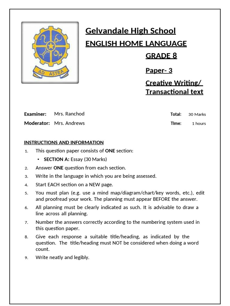 Grade 8 English Paper 3 Exam Guide | PDF | Essays | Question