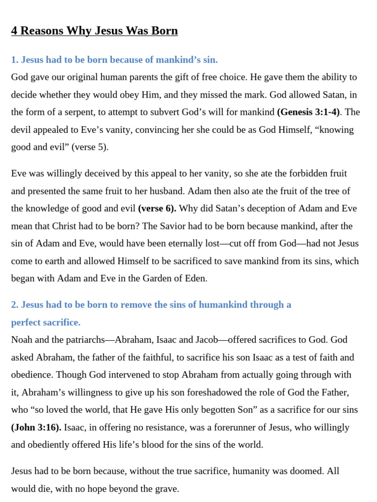 4 Reasons Jesus Had to Be Born | PDF | Adam And Eve | Covenant Theology