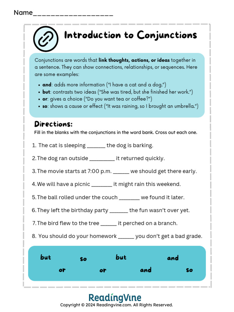 Intro To Conjunctions Fill in The Blank Activity | PDF