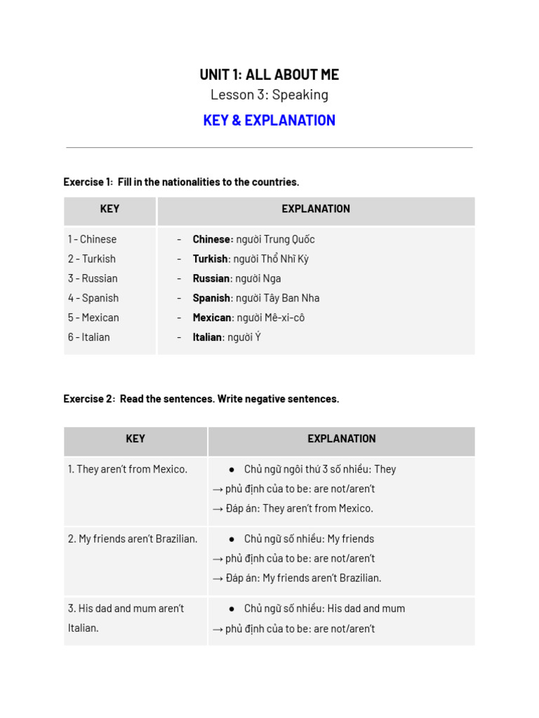 [PREPARE LIVE 1-X] - Beginners - Unit 1 - Lesson 3 - Key | PDF