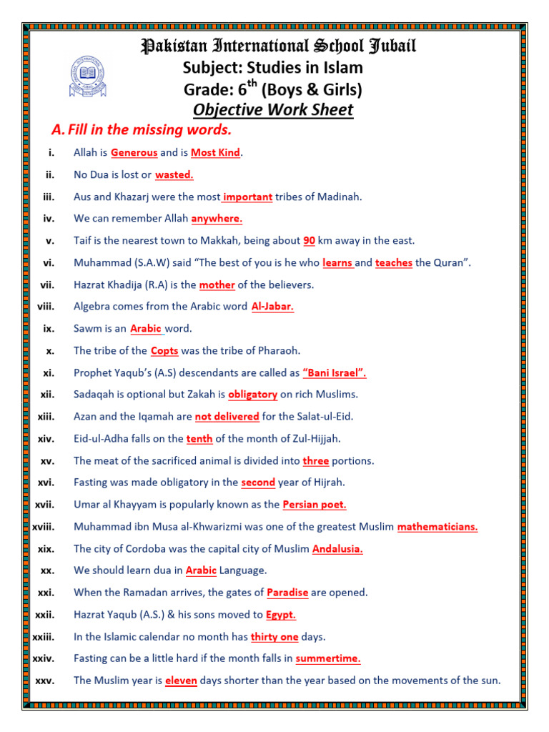 Objective Work Sheet VI | PDF | Muhammad | Abrahamic Religions