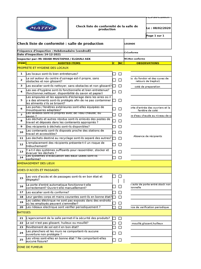 Checklist Conformité Salle de Production | PDF