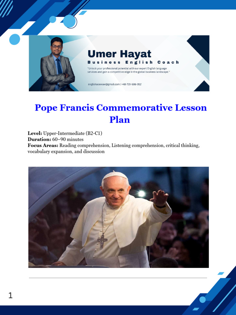 Pope Francis Commemorative Lesson Plan CURRENT AFFAIRS UPPER-INTERMEDIATE (B2-C1) PDF | PDF ...
