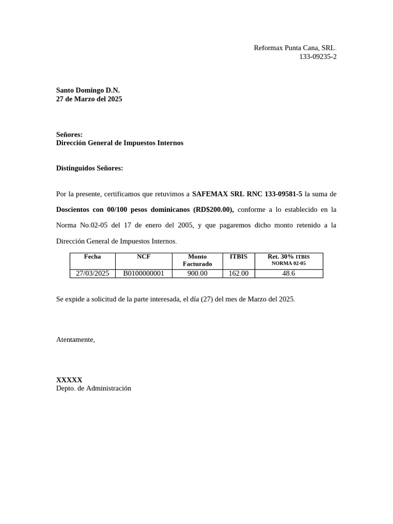 Carta de Retención de Impuestos 2025 | PDF