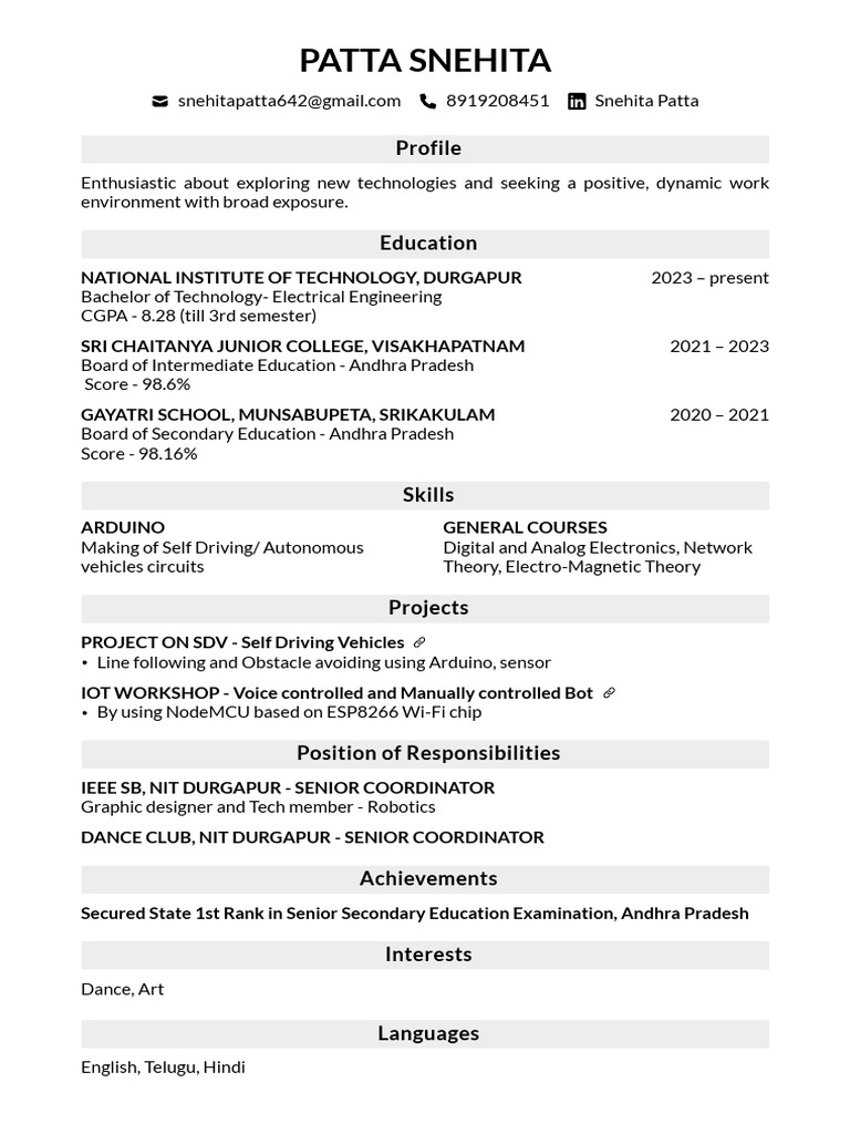 PATTA SNEHITA Resume - Core | PDF
