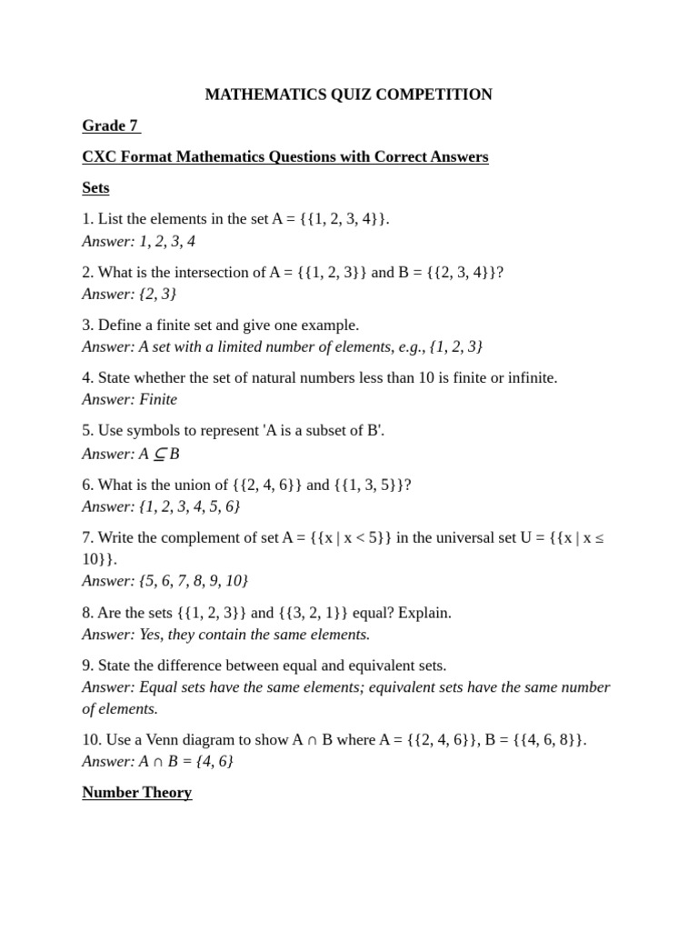 grade 7-9 mathematics quiz competition | PDF | Set (Mathematics ...
