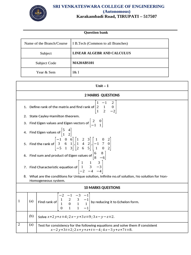La&c Question Bank Format | PDF | Eigenvalues And Eigenvectors ...