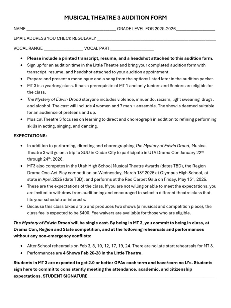 Musical Theatre 3 Audition Guidelines | PDF | Novels Published Posthumously