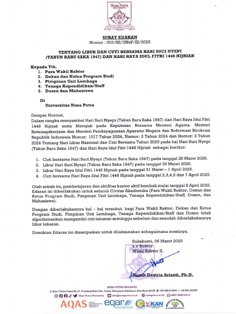 Surat Edaran Libur Dan Cuti Bersama | PDF