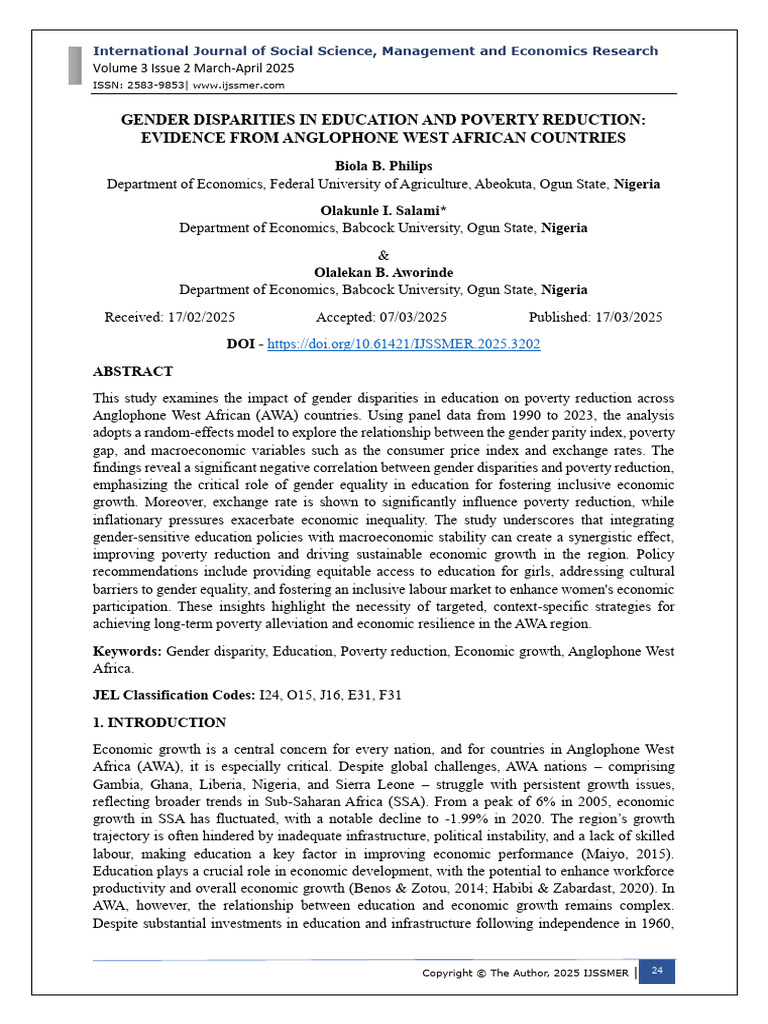 Gender Disparities in Education and Poverty Reduction: Evidence From ...