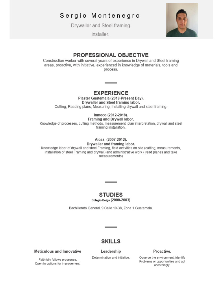 Drywall and Steel Framing Expert CV | PDF