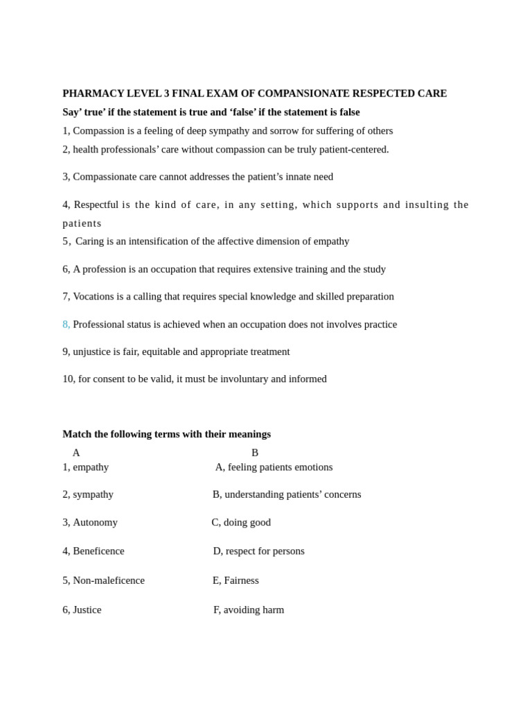 Pharmacy Level 3 Exam: Compassionate Care | PDF | Compassion | Drugs