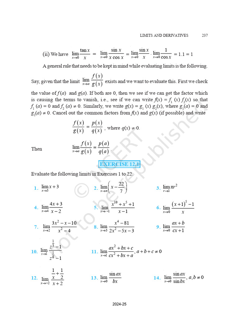 Exercise Ncert 2024-25 Limit and Differentiability | PDF | Trigonometric Functions | Mathematics