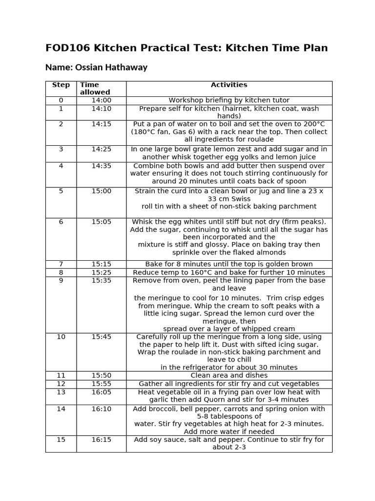 Kitchen Time Plan for Roulade & Stir Fry | PDF | Baking | Meringue