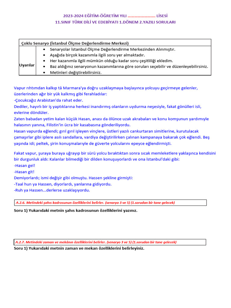 11.sınıf Edebiyat 1.dönem 2.yazılı Soruları 2023 | PDF