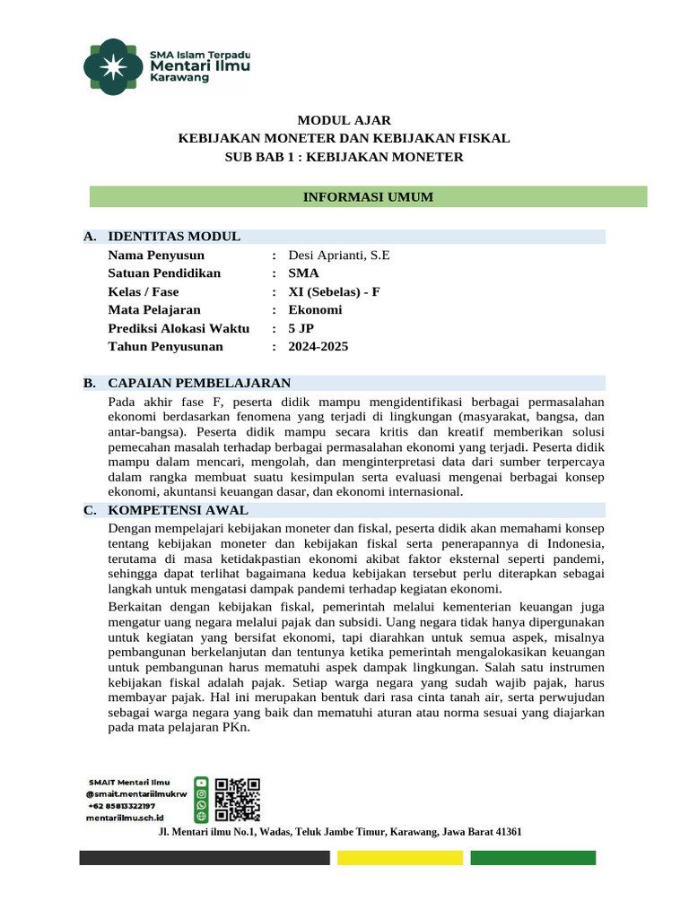 Modul Ajar Ekonomi Xi_kebijakan Moneter | PDF